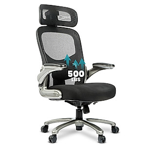 OFFICE FACTOR 500 Lbs Rated Ergonomic Big and Tall Office Chair Flip-Up arms, Mesh Office Chair, Swivel Office Chair with Anti Scratch Wheels, Mesh Executive Chair (Black with Headrest)