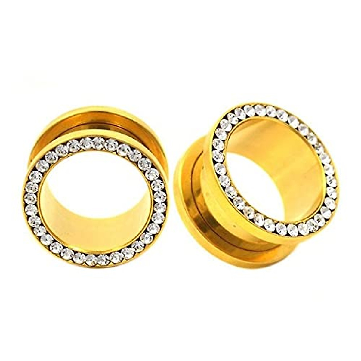 Screw-on 24k Gold PlatedPlugs/Gauges/Tunnels with Clear CZ 15/16'' (24MM) 2 Pieces (1 Pair) (A/5/3/A/10)