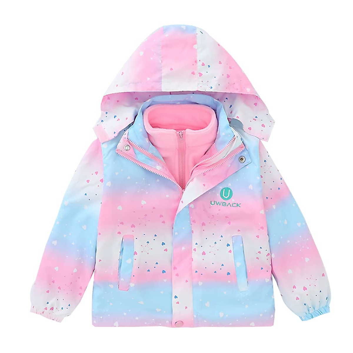 UWBACK Girls Jacket 3 In 1 Detachable Liner Fleece Windproof Waterproof Winter Coat With Hood Pink Love 150