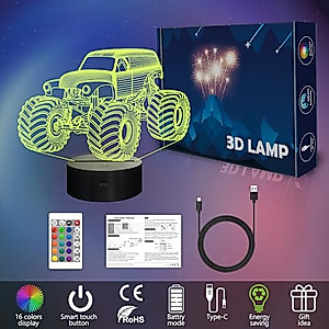 FULLOSUN Monster Truck Gifts, Car, Dirt Bike 3D Night Light for Kids (4 Patterns) with Remote Control & 16 Colors Changing & Dimmable Function & Gift Wrap, Xmas Birthday Gifts for Boy Girl (KIT1)