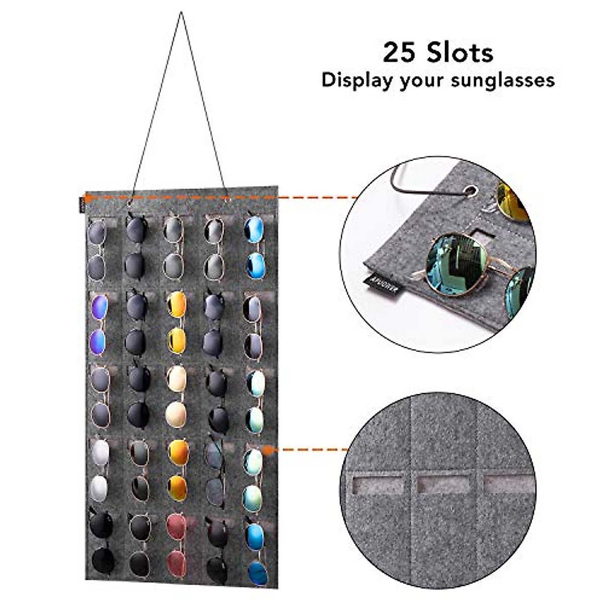 AFUOWER Sunglasses Organizer Storage Hanging Wall for Men Women Sunglasses Holder 25 Slots, Eyewear Display Wall Mounted (Gray)
