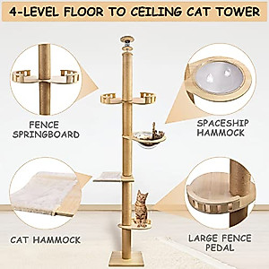 HOPERAN Floor-to-Ceiling Cat Tree (Adjustable Height: 100.3" - 106.3") 4-Layer Cat Climbing Tower with Hammock, Fence Springboard, Space Capsule, Fence Lookout, Natural Sisal Rope Scratching Posts