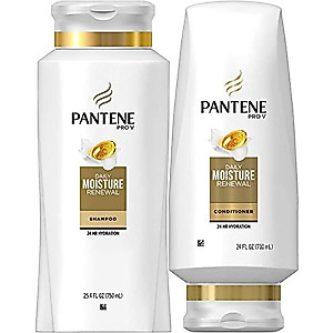 Pantene Moisturizing Shampoo 25.4 OZ and Silicon-Free Conditioner 24 OZ for Dry Hair, Daily Moisture Renewal, Bundle Pack (Packaging May Vary)