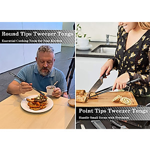 JETKONG 2 Pcs 12-Inch Kitchen Tweezers Tongs with Precision Serrated Tips, Stainless Steel Chef Tweezer Professional Cooking Tweezers for BBQ, Plating and Serving (12-Inch, Black)