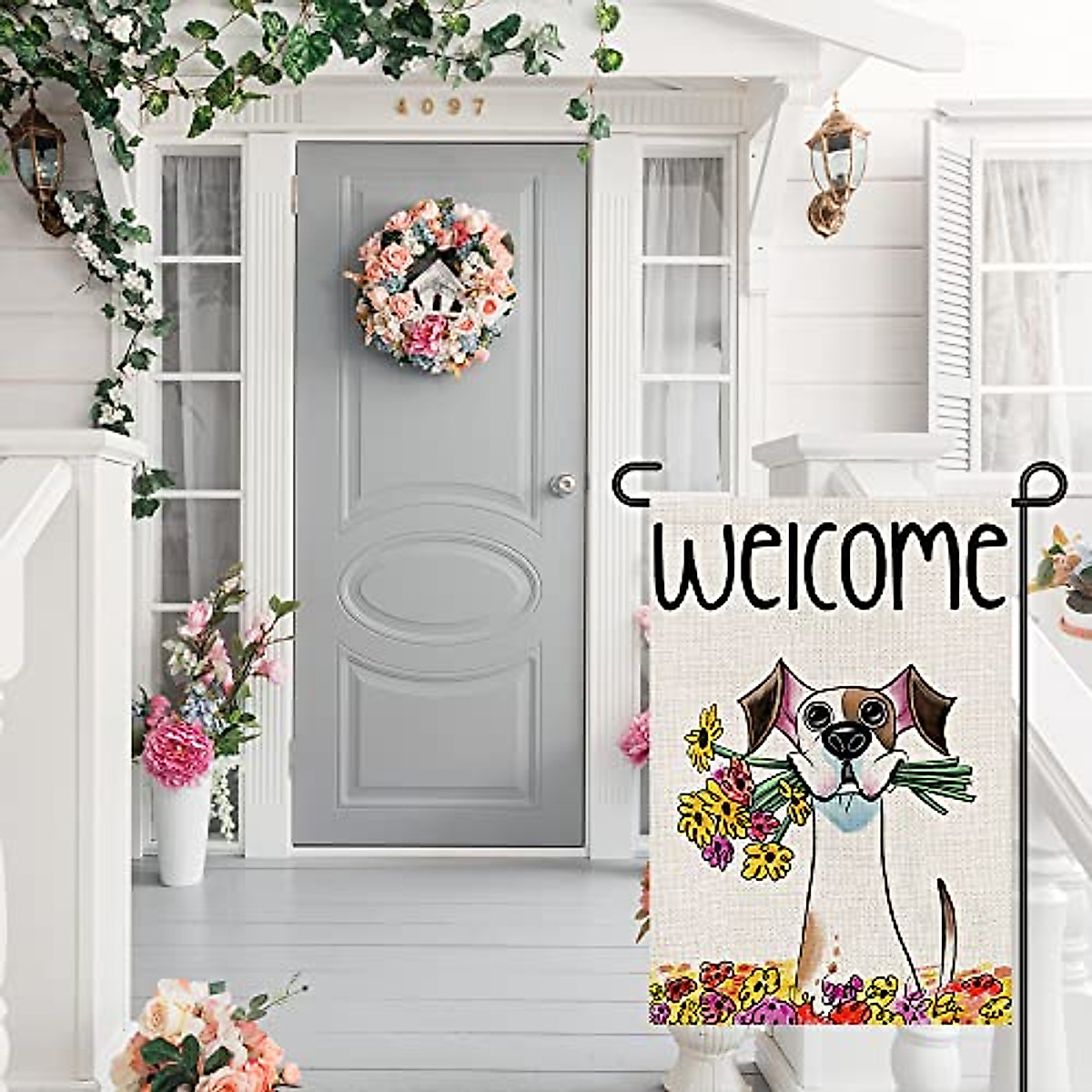 Welcome Spring Flower Garden Flag 12x18 Inch Double Sided Burlap Outside, Seasonal Floral Dog Sign Yard Farmhouse Outdoor Decor DF239