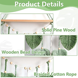 Tefola Macrame Wall Hanging Shelf, Boho Hanging Wall Decor Boho Shelf Woven Leaf Tapestry Shelf Boho Bookshelf Wood Floating Shelf for Bedroom Living Room Nursery Bathroom