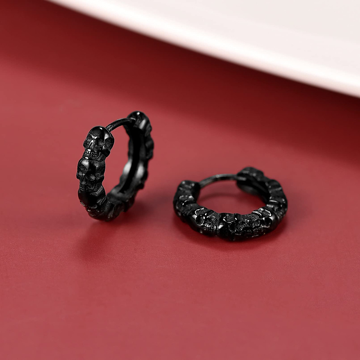 Black Skull Hoops Mens Huggie Circle Hoop Earrings for Man Gothic Punk Jewelry for Rapper Reggae Statement Ear Charms