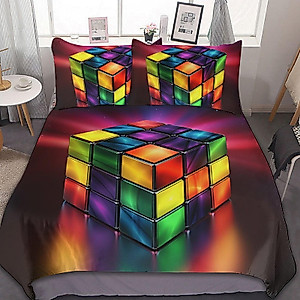 HotcoS Magic Cube ​Puzzle Comforter Set Queen 3 Pieces Bedding Set Lightweight Soft Bedding Comforter Sets for All Season with 1 Duvet Cover 86""x70"" 2 Pillow Shams 30'' X 20'', Style