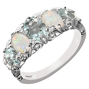LetsBuyGold 925 Sterling Silver Real Genuine Aquamarine and Opal Womens Promise Ring - Size 9