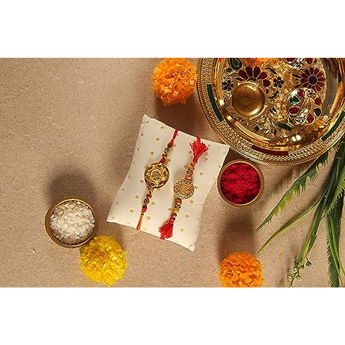 ARTISENIA Rakhi for Brother Set of 2 Rakhi Set | Raksha Bandhan Greeting Card | Roli Chawal Tika - Raksha bandhan Bro Rakhi for Brother Designer Kundan Rakhi | Rakhi for Bhaiya | Rakhi Thread RNJ002