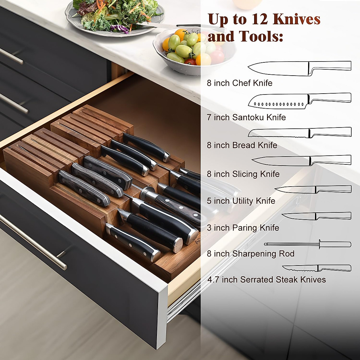 Acacomft In-Drawer Knife Block, Acacia Wood Kitchen Knife Drawer Organizer, Knife Holder without Knives For Up to 12 Knives Steak Knife Chef Knife