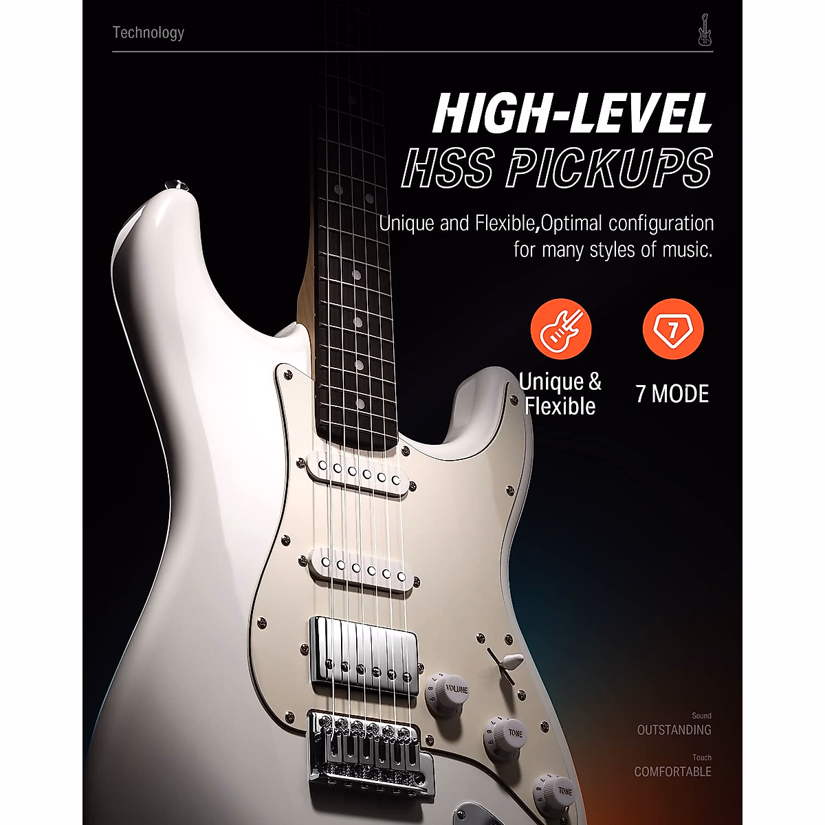 Donner Electric Guitar, DST-152 39&quot; Electric Guitar Starter Kit HSS Pickup Coil Split, with Amp, Bag, Accessories, Polar White