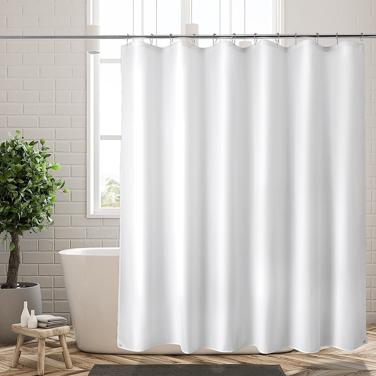 Titanker Fabric Shower Curtain Liner Washable, 70 x 72 Inches, White Shower Liner Fabric with 2 Magnets, Bathroom Polyester Shower Liner Waterproof Soft Lightweight, White