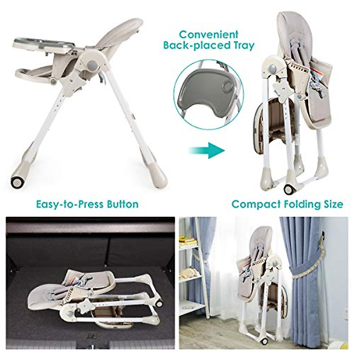 BABY JOY Convertible High Chair for Babies & Toddlers, Height Adjustable, Grow & Go High Chair w/Recline & Footrest, Removable Dishwasher Safe Meal Tray, Portable Baby Dinning Chair w/Wheels (Gray)