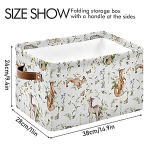 xigua Woodland Animals Storage Basket Foldable Storage Bin 2 Pack, Canvas Rectangular Storage Basket with Leather Handles for Home Closet & Office Decoration