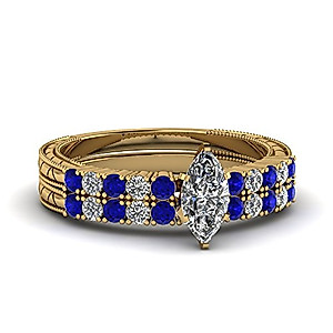 Gemsonclick Petite Vintage Diamond Wedding Set yellow gold plated Created Blue Sapphire Marquise shape Blue color Wedding Ring Sets prong Setting in Size 12 Casual Wear for Gift