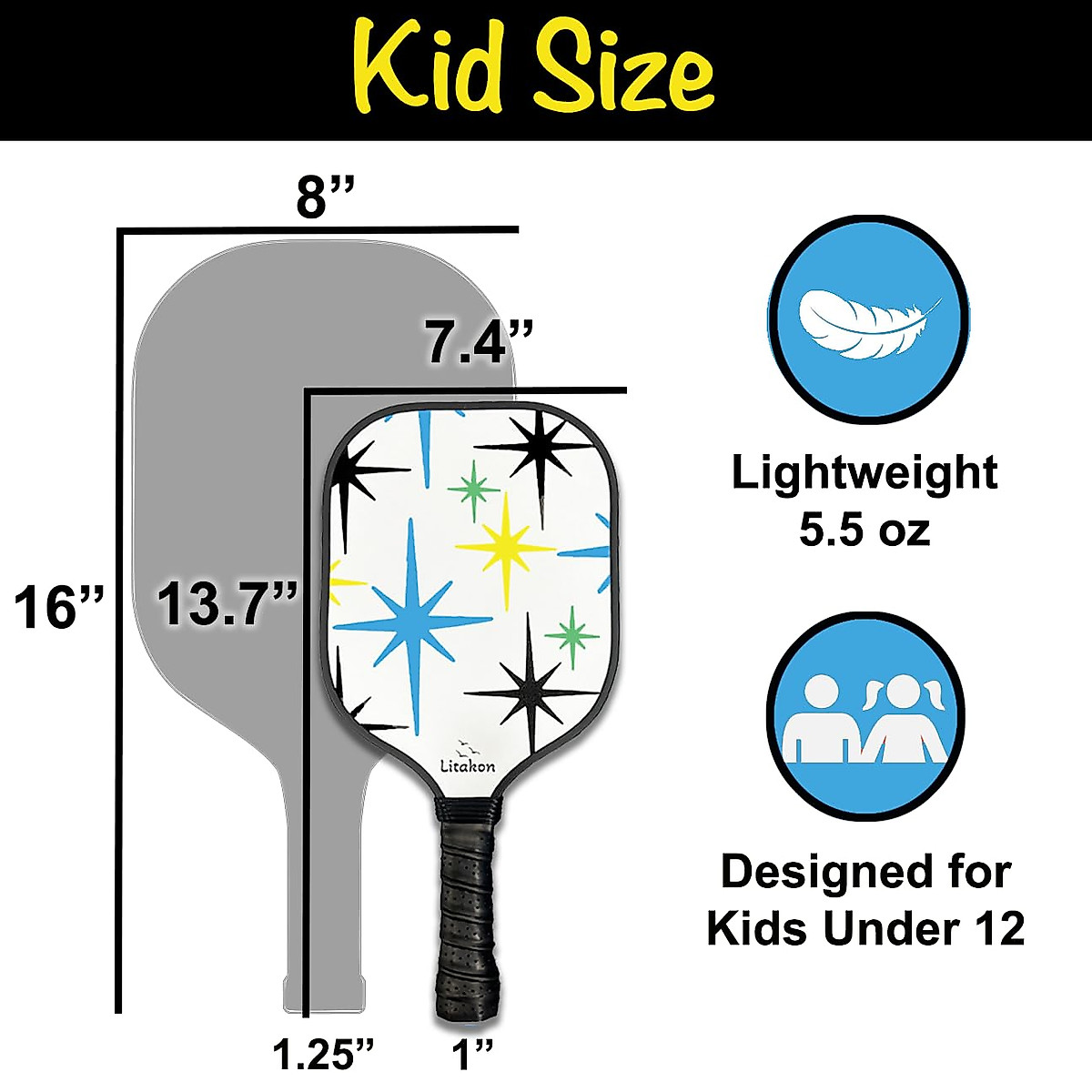 Litakon Premium Youth Pickleball Paddle Set, 2 Fiberglass Kids Paddles with Honeycomb Core, Bundle of Lightweight Fiberglass Rackets for Kids Age 4-12, Backpack, 4 Balls, 2 Kids Rackets