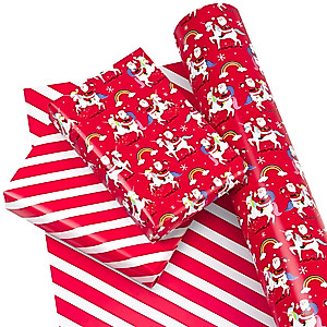 WRAPAHOLIC Reversible Christmas Wrapping Paper - 30 Inch X 100 Feet Jumbo Roll Red Santa Claus and Unicorn, Red and White Stripe Design