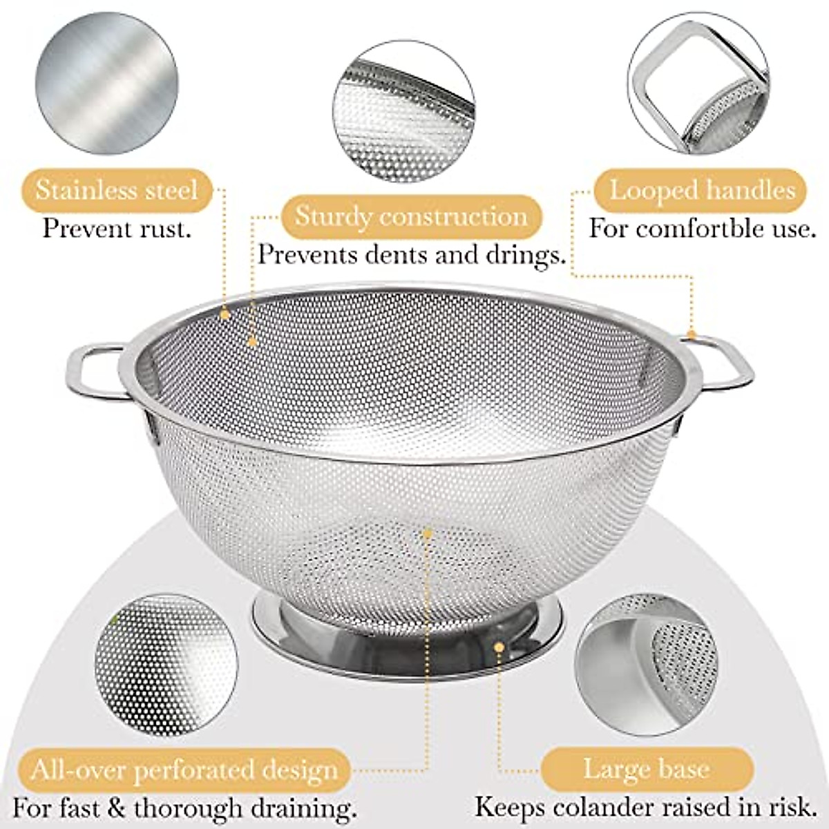 Bellemain 5 Qt Metal Colander with Handle | Pasta, Spaghetti, Berry, Fruit, Vegetable, Kitchen Food Strainer Basket | 18/8 Stainless Steel Colander Bowl | Pot Drainer for Cooking, Sifter Strainer