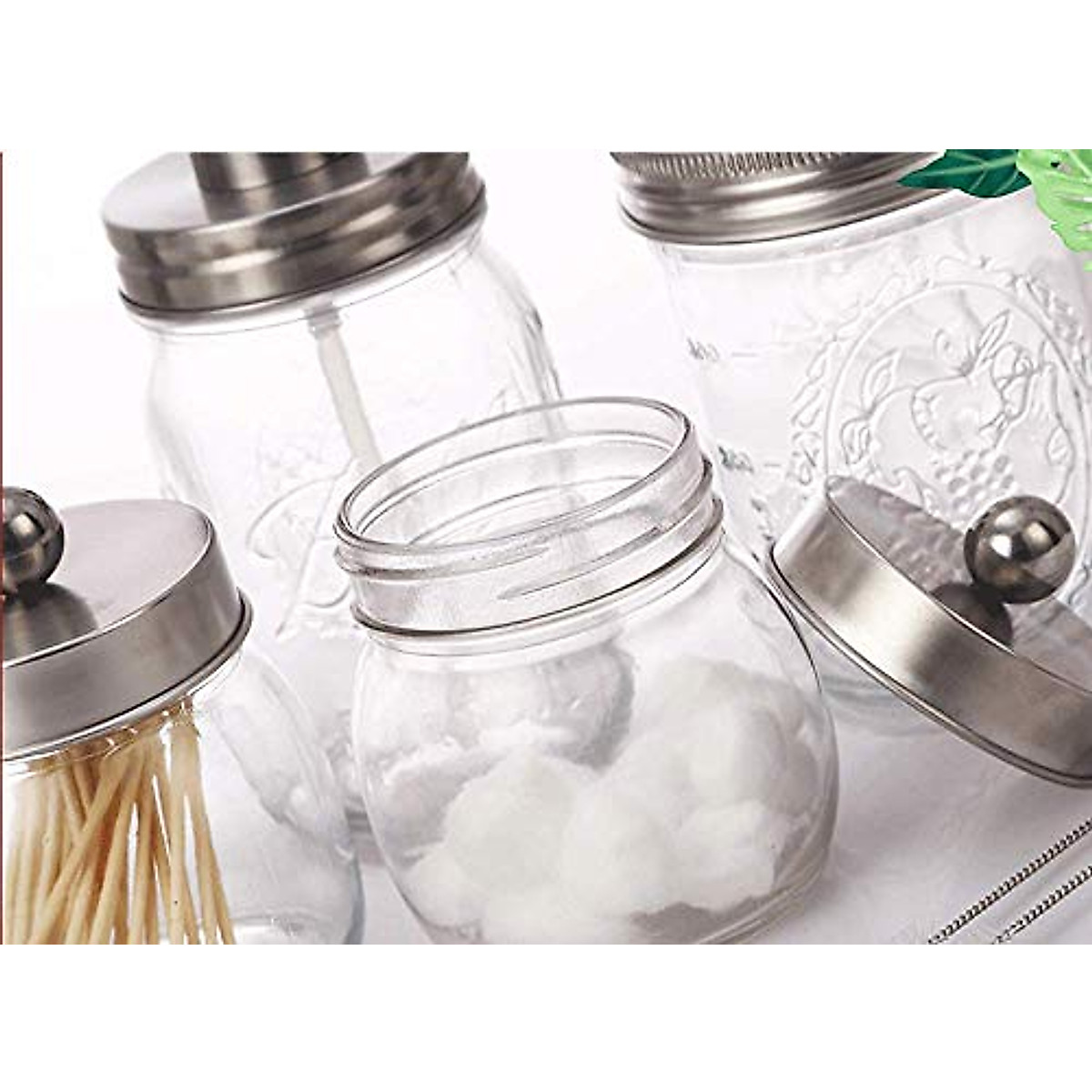 AINEKUI Mason Jar Bathroom Accessories Set 4 Pcs, Lotion Soap Dispenser, Toothbrush Holder, 2 Cotton Swab Jars, Suitable for Home Decoration in Bathroom and Kitchen