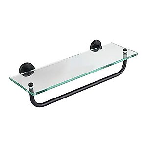 JQK Bathroom Glass Shelf, Shelf with 15 Inch Towel Bar Tempered Glass Shower Storage 16 by 5 inches, 304 Stainless Steel Matte Black Wall Mount, TGS100-PB