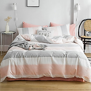 HighBuy Stripe Duvet Cover Queen Bedding Sets Kids Comforter Duvet Cover Grey White Pink Cotton Bedding Sets Queen Comforter Cover with Zipper Kids Duvet Cover Set for Boys Teens