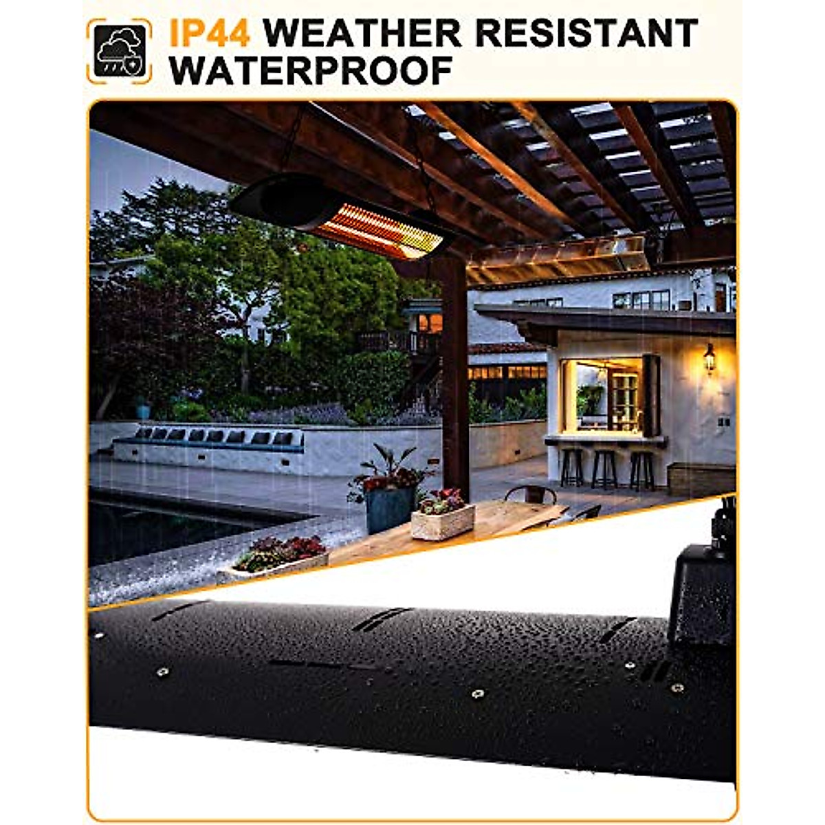 Star Patio Electric Patio Heater, Outdoor Heater, 750W/1500W Ceiling Infrared Heater with Rectangular Shape, Black, Silent Heating Hanging Patio Heater, IP44 Waterproof Outdoor Heaters, STP2066-C