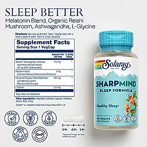 SOLARAY SharpMind Sleep, Nootropic Sleep Aid Formula, Nootropics Brain Support Supplement for a Calm Mood and Healthy Sleep with Slow Release Melatonin 3mg, 60 Day Guarantee, 30 Servings, 30 VegCaps