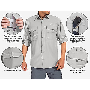 linlon Mens Safari Shirts Long Sleeve UV Protection Hiking Fishing UPF 50+ Quick Dry Cooling Camping Travel Shirts#5066-Light Grey-2XL