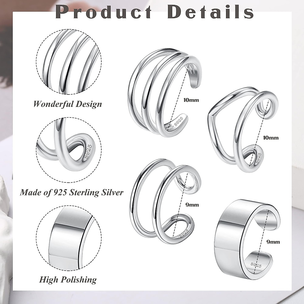THUNARAZ 925 Sterling Silver Ear Cuffs for Women No Piercing Minimalist Helix Fake Piercing Cartilage Cuff Earrings 4 Styles