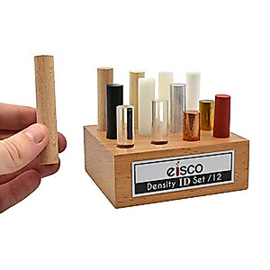 12pc Cylindrical Bars Density ID Set - Hardwood, Softwood, Aluminum, Copper, Brass, Rubber, Nylon, Derlin, PVC, Glass, Acrylic & Teflon - Includes Storage Block - Study Density & Mass - Eisco Labs