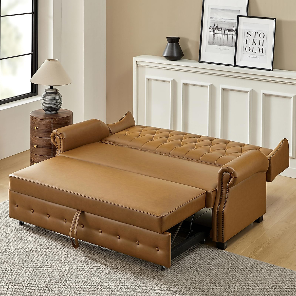 HULALA HOME 74" Leather Couch with Pull Out Bed, Convertible Sofa Bed Couch with Nailhead Arms and Tufted Back, Sleeper Loveseat Sofa for Bedroom Small Spaces, Living Room, Office, Camel