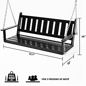 Hanging Porch Swing,Outdoor Porch Swing with Adjustable Chains and Hanging Kit, Heavy Duty 880 LBS, 3 Seat Garden Swing, Swing Bench,Hanging Swing Bench for Backyard Patio Garden(5 FT, Black)