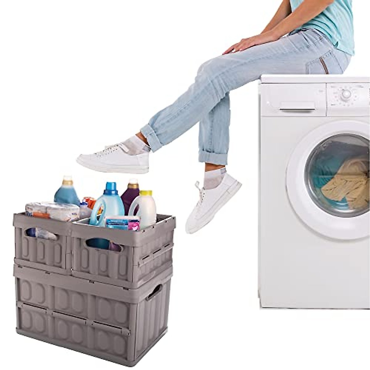 Collapsible and Foldable Plastic Storage Bins Containers. Stackable Organizer Storage Box and Utility Crates for your Home and Vehicle (S, w/ Lid)