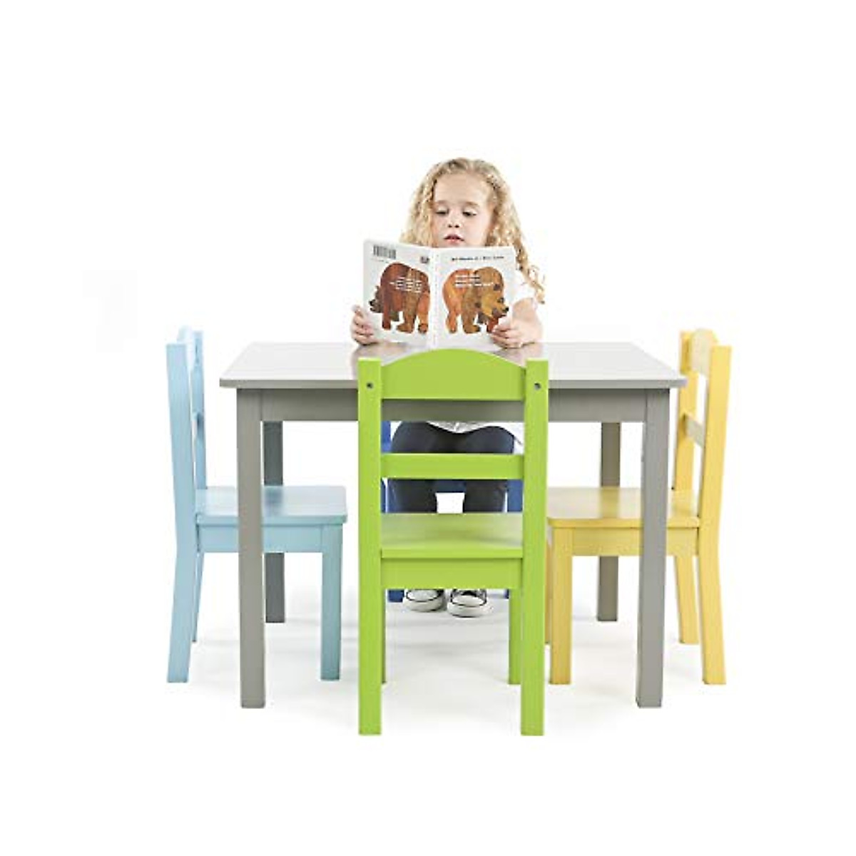 Humble Crew, Grey/Blue/Green/Yellow Kids Wood Table and 4 Chairs Set