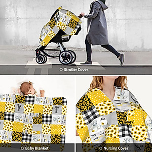 Personalized Elephant and Sunflower Plaid Baby Infant Car Seats Canopy for Babies with Name, Custom Multi-use Blankets for Baby Boys Girls, Peekaboo Minky Nursing Stroller Cover Canopies for Newborn