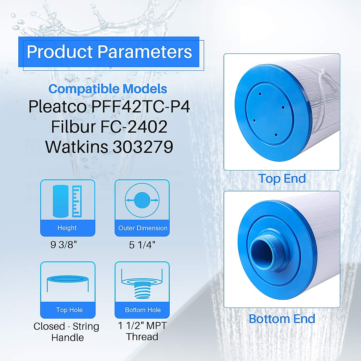 POOLPURE Spa Filter Replaces Watkins 303279, PFF42TC-P4, 78460, FC-2402, Lifesmart, Freeflow, AquaTerra, Hydromaster, Grandmaster, Simplicity, Bermuda Hot Tub Filters, 1 1/2" MPT Fine Thread, 2 Pack