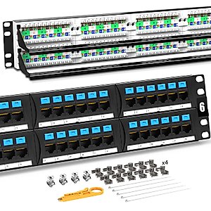 AMPCOM CAT6 48 Ports Patch Panel, Rack Mount - 2U, 19 inch, RJ45 Ethernet 568A 568B, 50u Gold Plated, with Rear Cable Management Bar