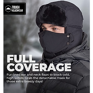Tough Headwear Winter Trapper Hat with Mask - Russian Ushanka Trooper Aviator Hats for Men & Women -Snow Eskimo Hat with Ear Flaps for Cold - Full Black