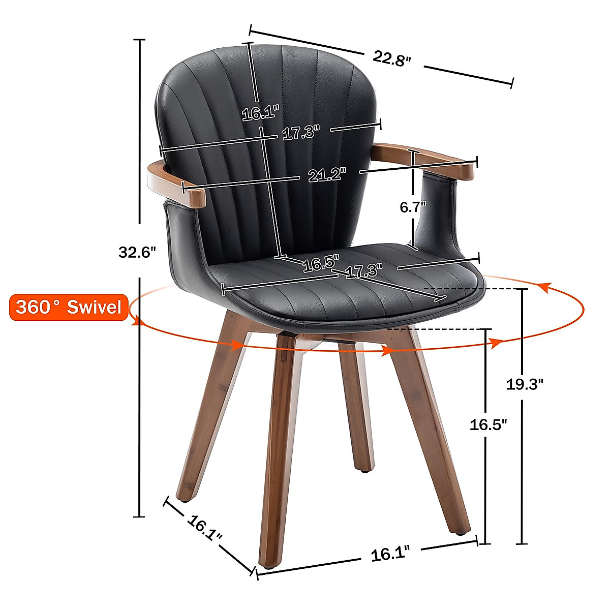 LUNLING Swivel Dining Room Chairs Set of 2, Mid Century Modern Black Faux Leather Kitchen Chairs with Arms,Bamboo Legs Side Chairs No Wheels,Accent Chair for Dining Rooms and Offices