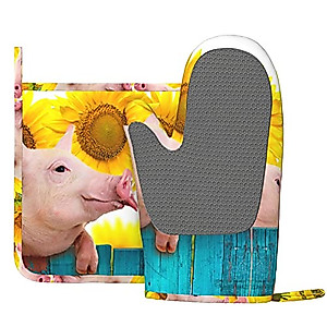 Funny Pig Oven Mitts and Pot Holders,Oven Gloves Potholders Hot Pads for Kitchen 2pcs,Washable Pot Holder,Heat Resistant Hot Pad Kitchen Decor Accessories for BBQ Cooking and Baking