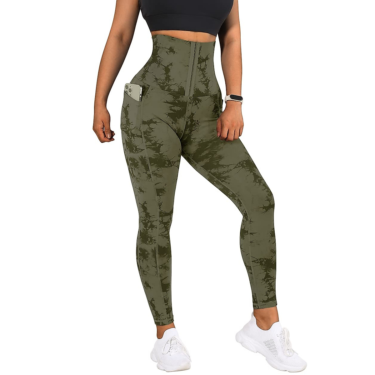 MOOSLOVER Women Corset High Waisted Leggings with Pockets Tummy Control Body Shaper Yoga Pants(S,#1 Army Green Tie-dye)