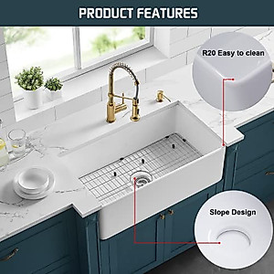 LYNNADO Farmhouse Sink 33 inch Fireclay Farm Kicthen Sink Apron Sink Large &Deep Single Bowl Undermount Sink with Bottom Grid in & Drain, White Color