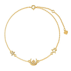 YDD 14k Solid Gold Star Moon Bracelets for Women Gold Star Bracelet Moon Bracelet Gold Moon and Star Bracelet Gifts for Birthday Christmas 6.5''-8.5''