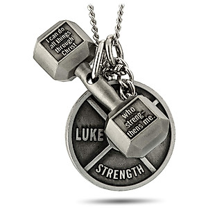 Shields of Strength Women's Weight Plate and Dumbbell Pendant Combo Necklace Philippians 4:13 & Luke 1:37 Bible Verses Weightlifters Christian Jewelry