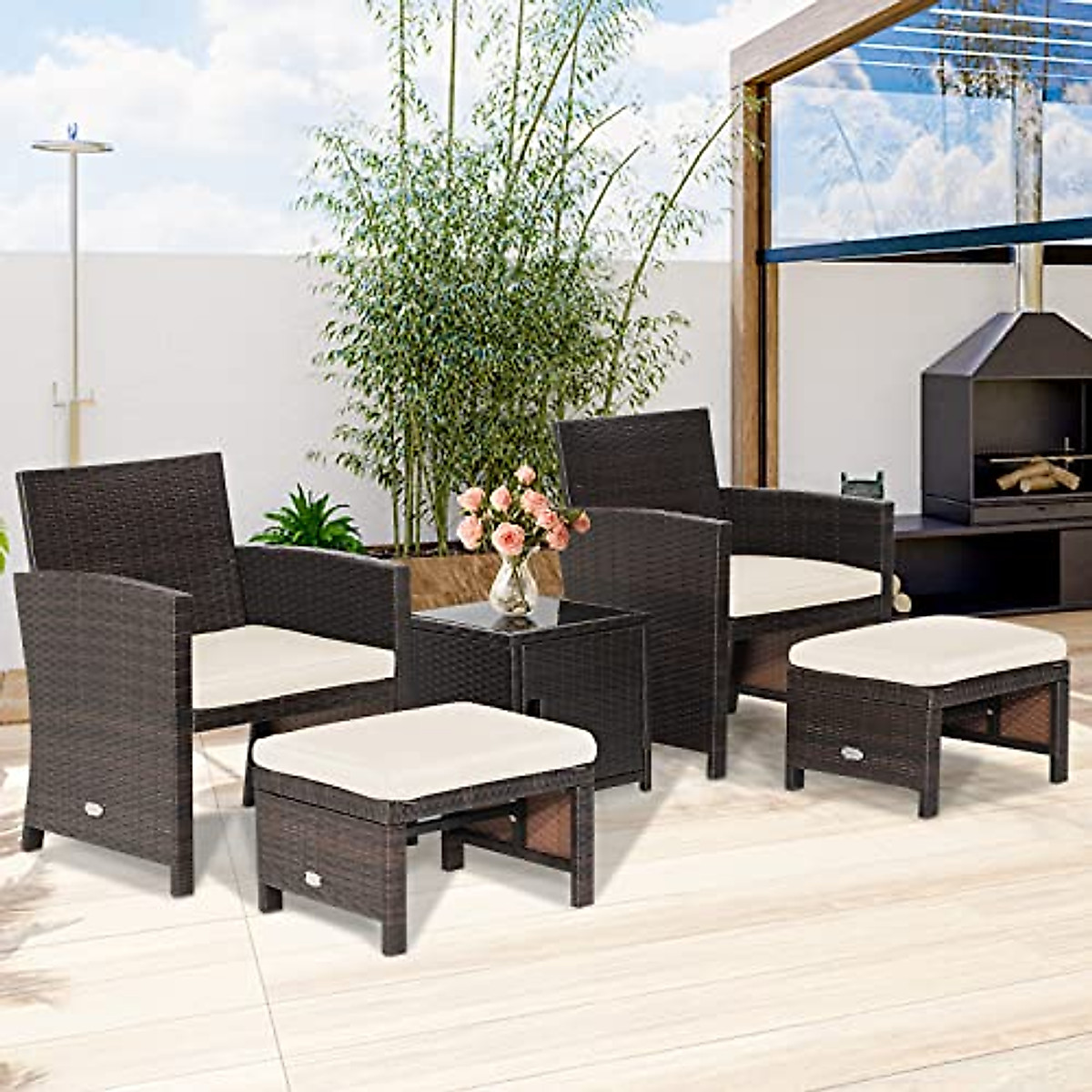 Tangkula 5 Pieces Wicker Patio Furniture Set, Patiojoy Conversation Chair and Ottoman Set with Single-Door Storage Coffee Table and Cushions, Outdoor Lounge Chair Chat Set, Space-Saving (Off White)