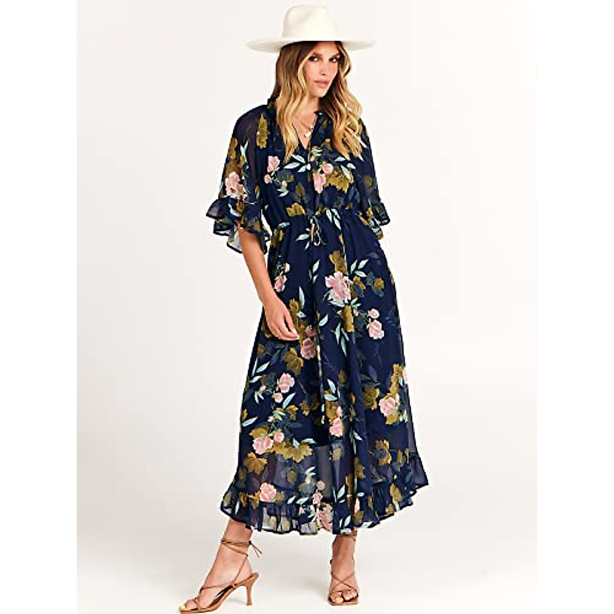 ANRABESS Women's Summer Ruffle Maxi Dress Floral Print 3/4 Bell Sleeve V Neck High Waist Flowy Boho Long Dress 746fenchahua-M