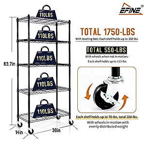 EFINE 5-Shelf Shelving Units and Storage on 3'' Wheels with 5-Shelf Liners, NSF Certified, Adjustable Heavy Duty Carbon Steel Wire Shelving Unit (30W x 14D x 63.7H) Pole Diameter 1 Inch