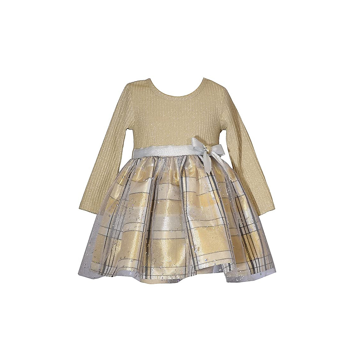 Bonnie Jean Holiday Christmas Dress - Gold Knit Plaid Dress, Gold, 4