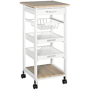 HOMCOM Mobile Kitchen Cart, Rolling Kitchen Island with Storage, Solid Wood Frame Utility Cart with Wire Fruit Baskets, Trays and Drawer, White